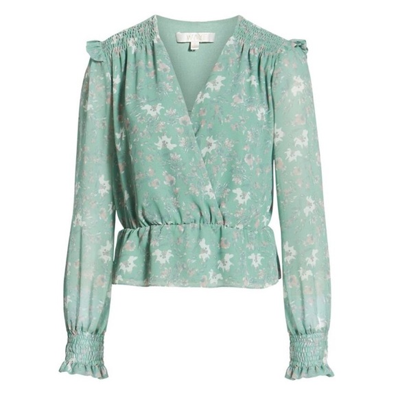 Wayf | Tops | Wayf Floral Draped Chiffon Stretch Peplum Blouse Sage ...